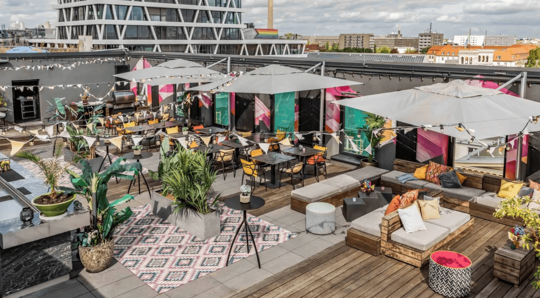 Wood-Decked Rooftop Space with Festoon Lighting